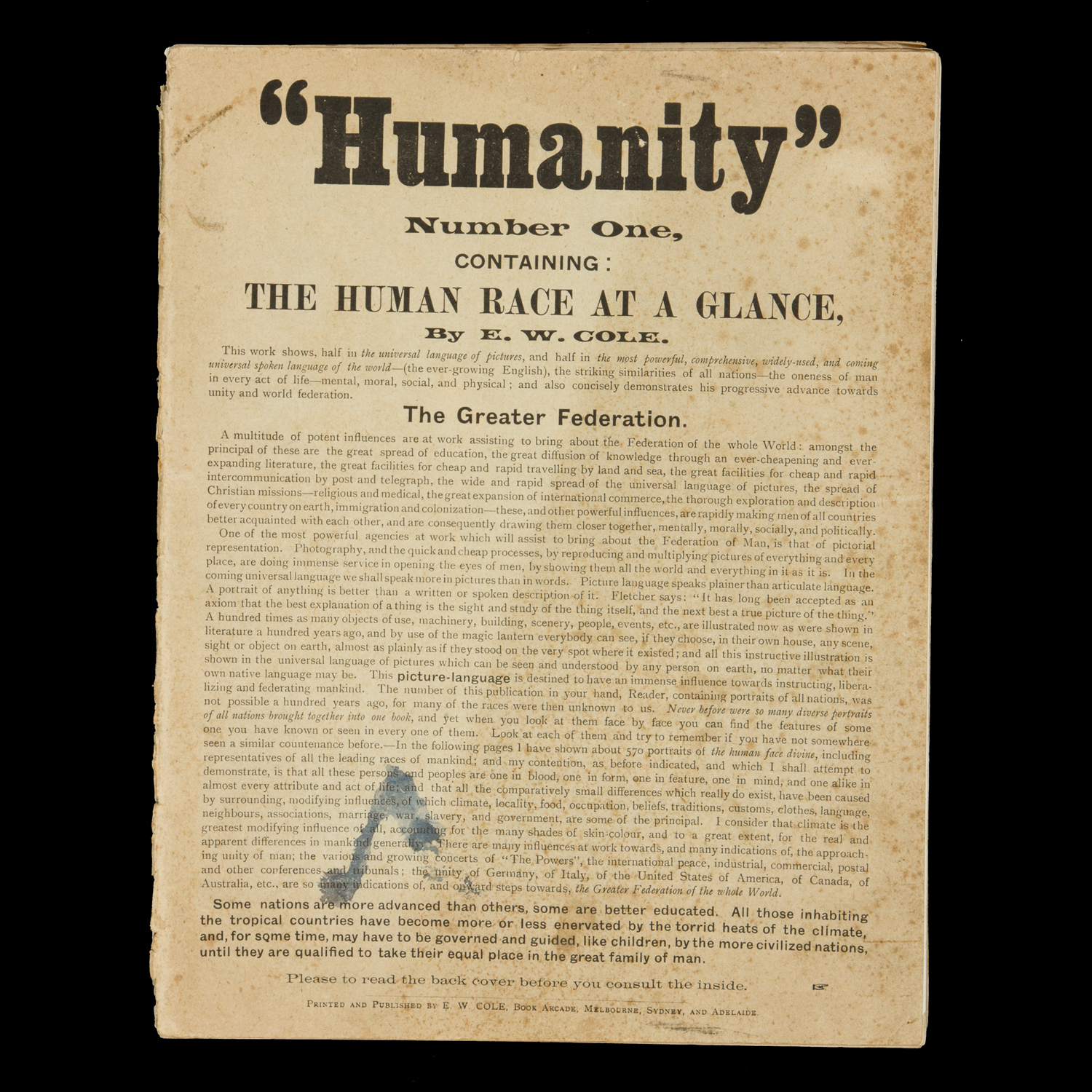 "Humanity" / Number one, containing: the human race at a glance, by E.W ...