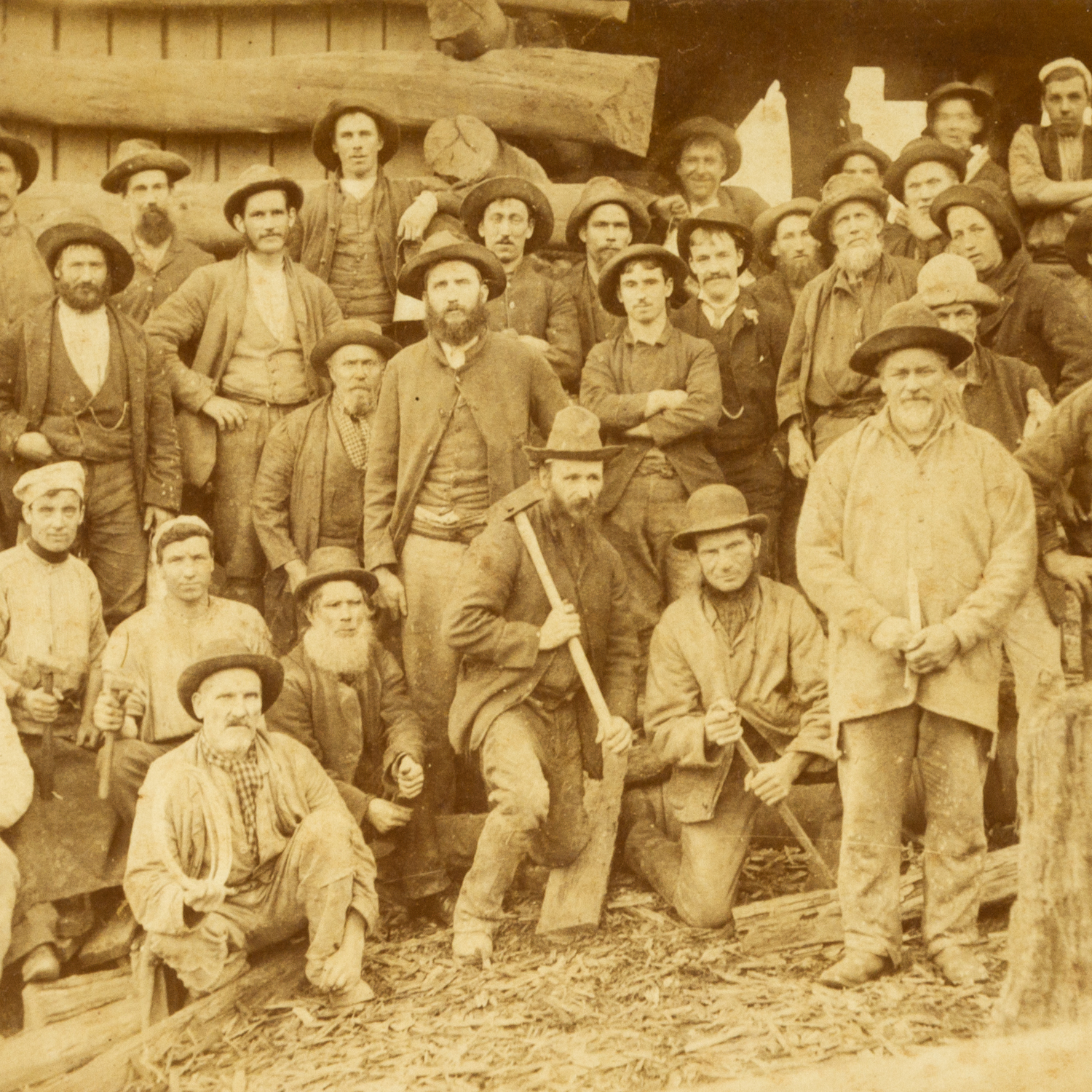 Large group of gold miners at Mount Egerton, near Ballarat, circa 1890 ...